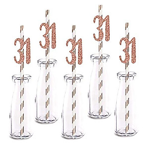 Rose Happy 31st Birthday Straw Decor, Rose Gold Glitter 24pcs Cut-Out Number 31 Party Drinking Decorative Straws, Supplies