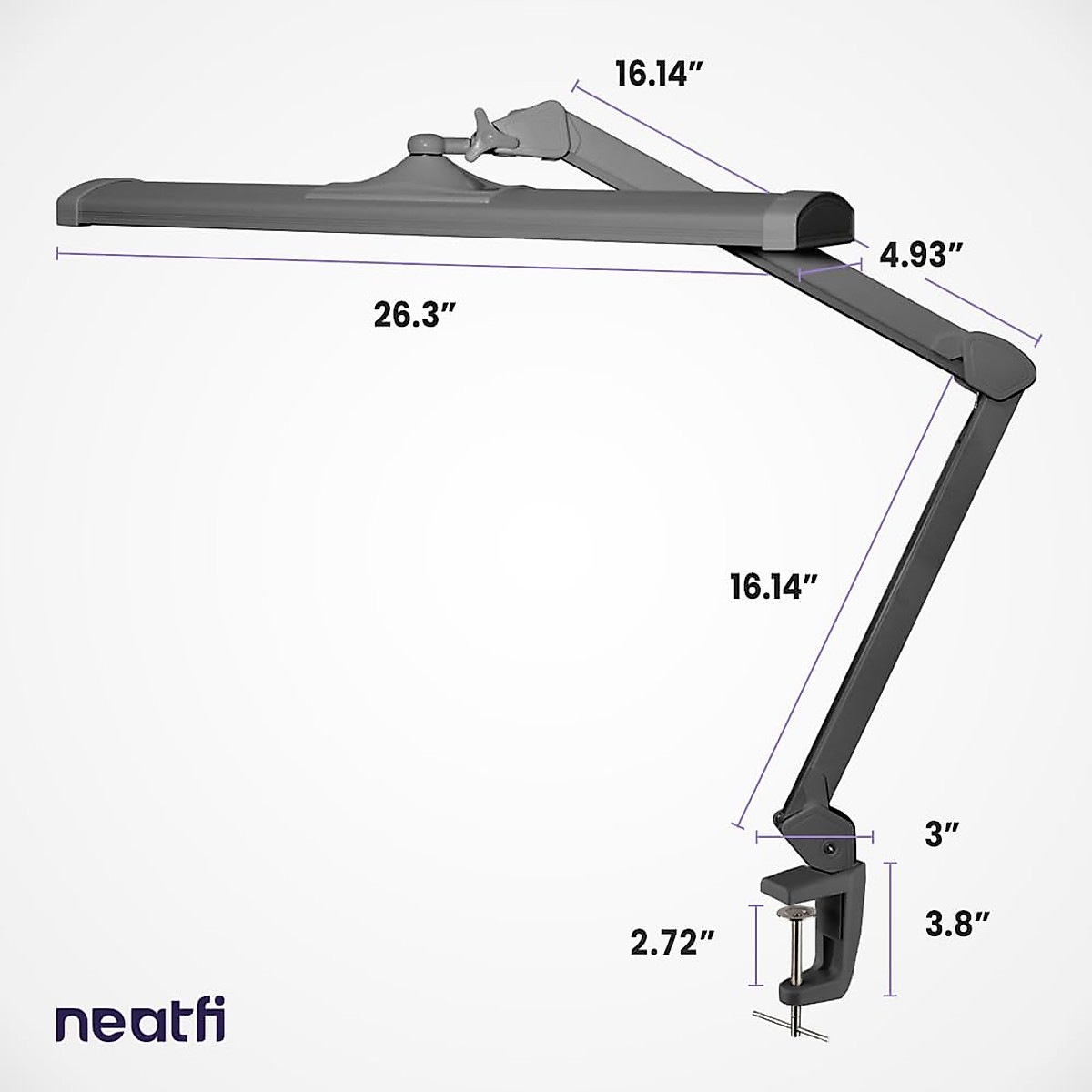 Neatfi Ultra 3,500 Lumen LED Desk Lamp, 45W, 26 Inch Wide Metal Shade, 270 SMD LEDs (Non-CCT with Clamp, Silver)