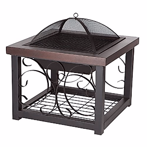 Fire Sense 61331 Fire Pit Cocktail Square Table Wood Burning Steel Mesh Spark Screen Wood Grate Screen Lift Steel Firepit with Log Storage Rack - Hammer Tone Bronze Finish