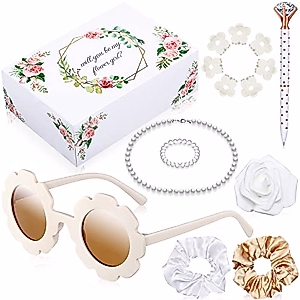 16 Pcs Flower Girl Proposal Box Kit Flower Girl Gifts Flower Girl Box Round Glasses Necklace Pearl Bracelet Diamond Pen Hair Scrunchies Rose Will You Be My Flower Girl for Wedding (Classic Color)