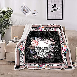 Sugar Skull Blanket Ultra Soft Sherpa Gothic Blankets All Seasons Warm Cozy Flower Rose Skull Blankets for Women Gift Plush Throw for Couch Sofa Bedding (51'' x 59'')