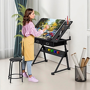 Nova Microdermabrasion Height Adjustable Drafting Table Art Desk Drawing Table Tabletop Adjustable Art/Craft Desk with Stool and 2 Slide Drawers for Reading, Writing, Crafting, Painting Art