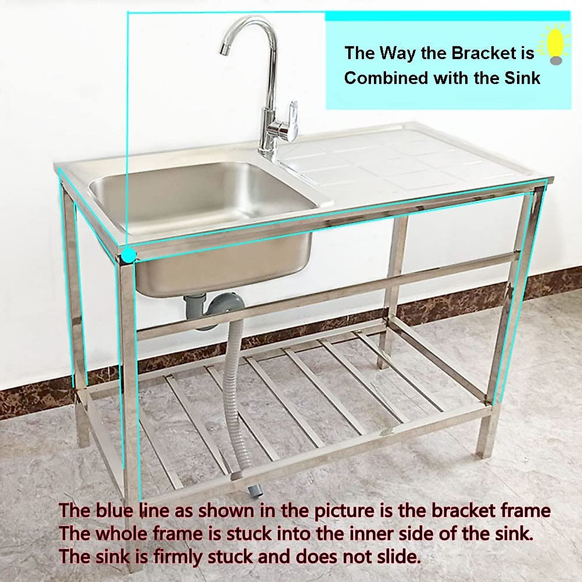 ZHXIPP Freestanding Stainless Steel Kitchen Sink, Commercial/Industrial Sink w/Workbench & Storage Shelves, Prep & Utility Washing Hand Basin for Laundry, Silver