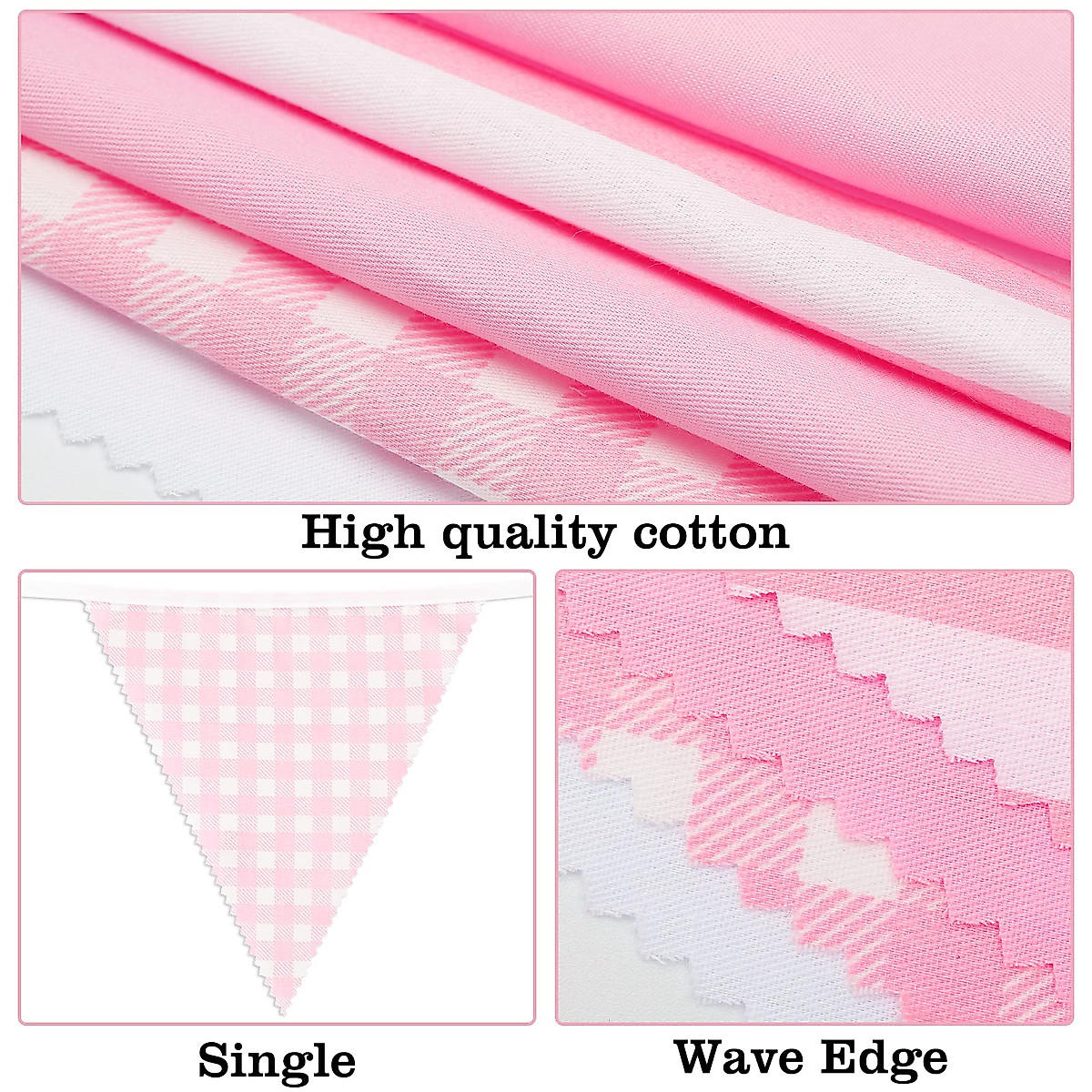 GCQQ 40Ft Pink White Party Decoration, 42Pcs Large Striped and Checkered Fabric Banner Garland, Triangle Banner Flags for Valentine's Pink Party, Wedding, Bridal Baby Shower, Home Nursery Decoration