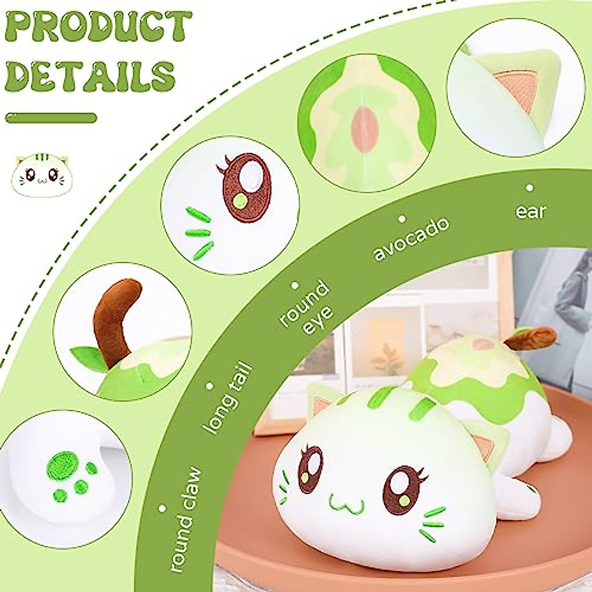 AIXINI Cute Avocado Cat Plush Pillow 13.7" Kitten Stuffed Animal, Soft Kawaii Cat Plushie Gift for Kids