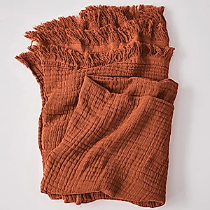 Simple&Opulence Cotton Muslin Throw Blanket for Bed, Couch, Knit Woven Gauze Blanket with Tassels, Soft Lightweight Cozy Pre-Washed Breathable Farmhouse Decoration for All-Season (Rust Orange)