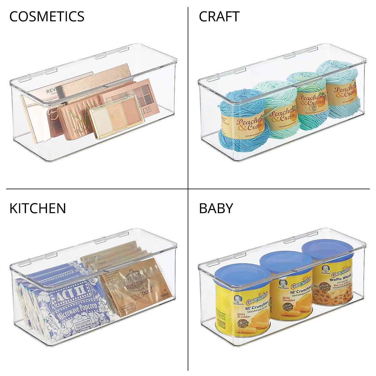 mDesign Plastic Kitchen Pantry and Fridge Storage Organizer Box Containers with Hinged Lid for Shelves or Cabinets, Holds Food, Snacks, Canned Drinks, Seasoning, Condiments, or Utensils, 4 Pack, Clear