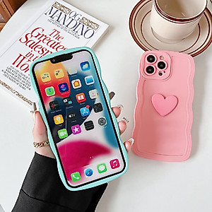 Qokey Case(6.7" 2021), Cute 3D Colors Love Heart Wavy Frame Full Protection for iPhone 13 Pro Max 6.7" Soft TPU Shockproof Phone Cover for Women Girls,Pink