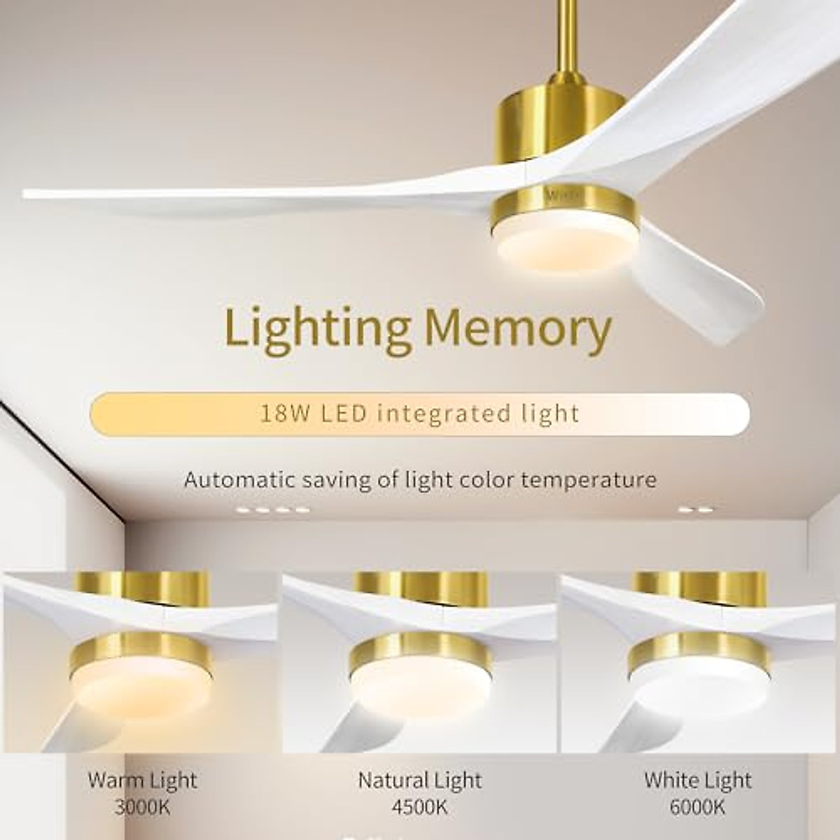 Wisful 56" Ceiling Fans with Lights Remote Control,Outdoor Wood Ceiling Fan with Light Memory for Patio Gazebo Living Room Bedroom(Gold and White)