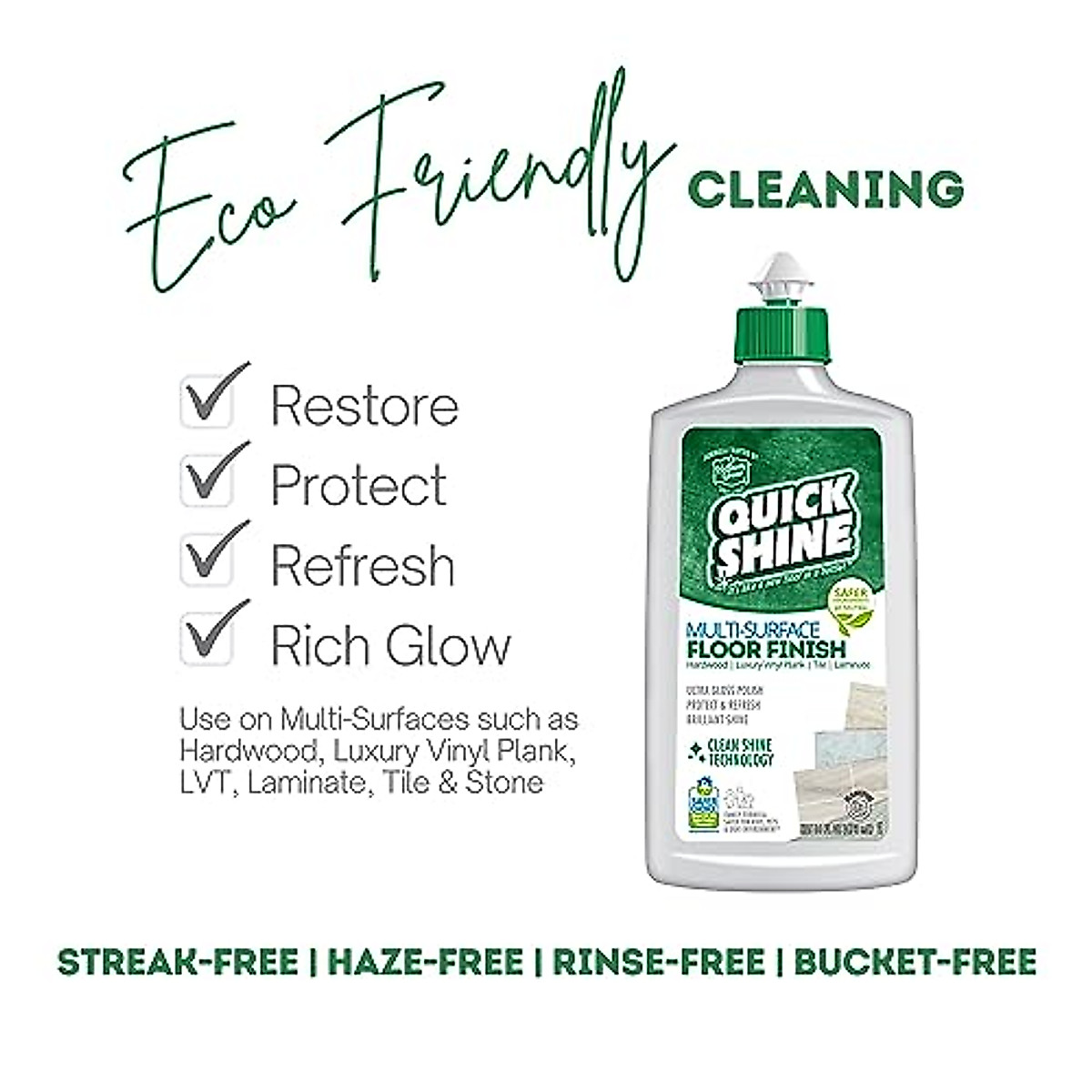 Quick Shine Sustainable Hard Surface Floor Mop Kit with 3 Reusable Pads & 1 Safer Choice Floor Finish Cleaner 16oz | Use Wet + Dry | Squirt, Spread, Done | Hardwood, Luxury Vinyl Plank, Laminate