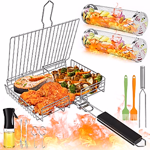 Grill Basket,11pcs Rolling Grill Baskets For Outdoor Grill With Barbeque Grilling Accessories,Stainless Steel Barbecue Folding Grill Basket With Handle,Brush,Portable Bbq Camping For Fish,Shrimp,Vegetables,Birthday Gifts For Men Dad
