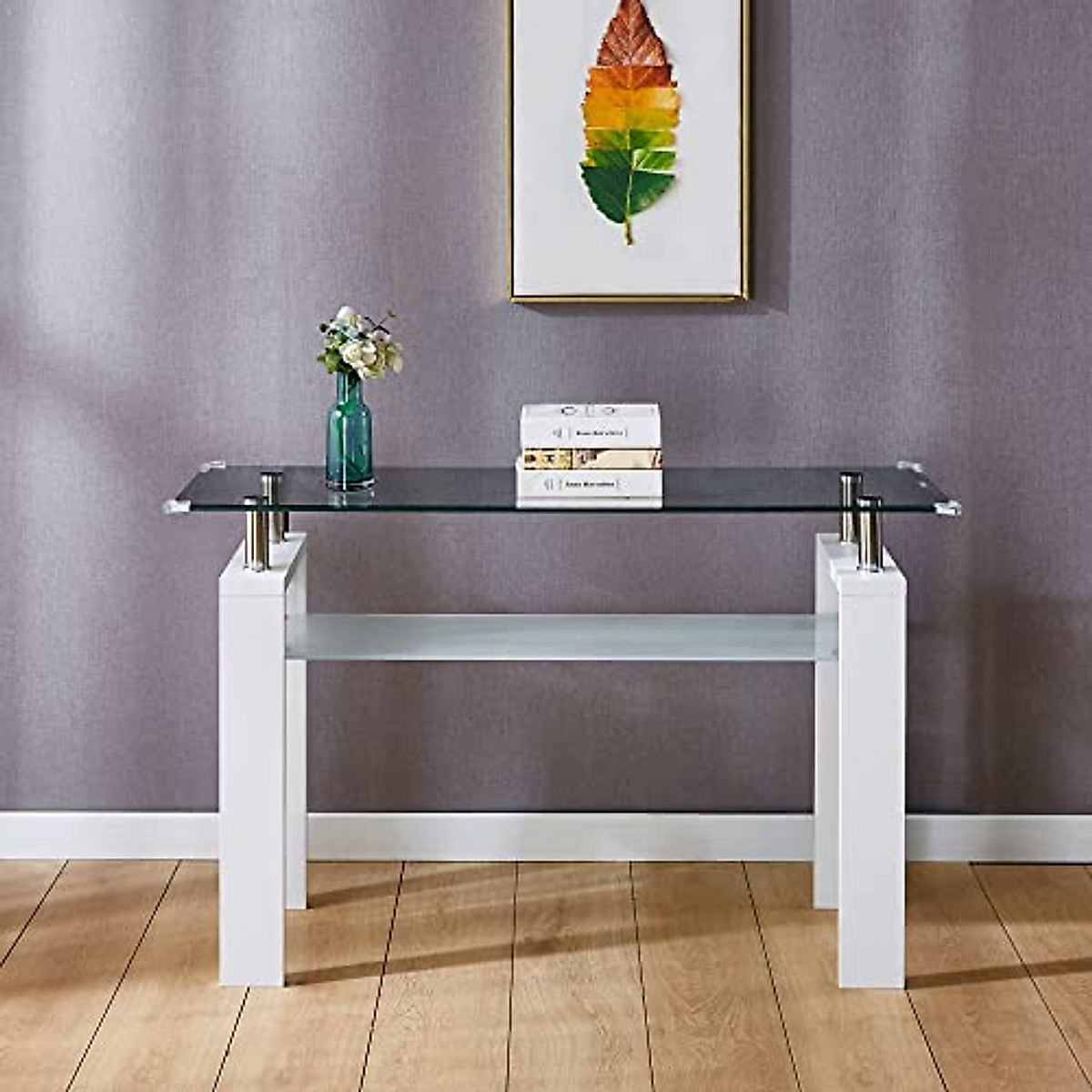 Goderfuu Glass Console Table, 2-Tier Rectangle White Console Table with Storage Shelf, White Entryway Table with Solid Wood Base, Rectangular Narrow Tables Sofa Table for Living Room Hallway Table