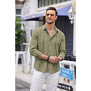 COOFANDY Men's Linen Shirts Casual Cuban Guayabera Shirt Long Sleeve Beach Shirts Green