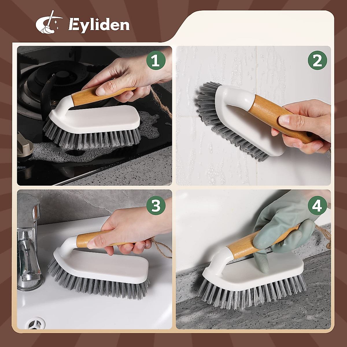 Eyliden Scrub Brush, 2 Pack Heavy-Duty Stiff Bristles Cleaning Brush, Natural Bamboo Handle, Multi Purpose Scrub Brushes for Bathroom Floor Tub Shower Kitchen Sink Carpet & Other Surface, Grey+White