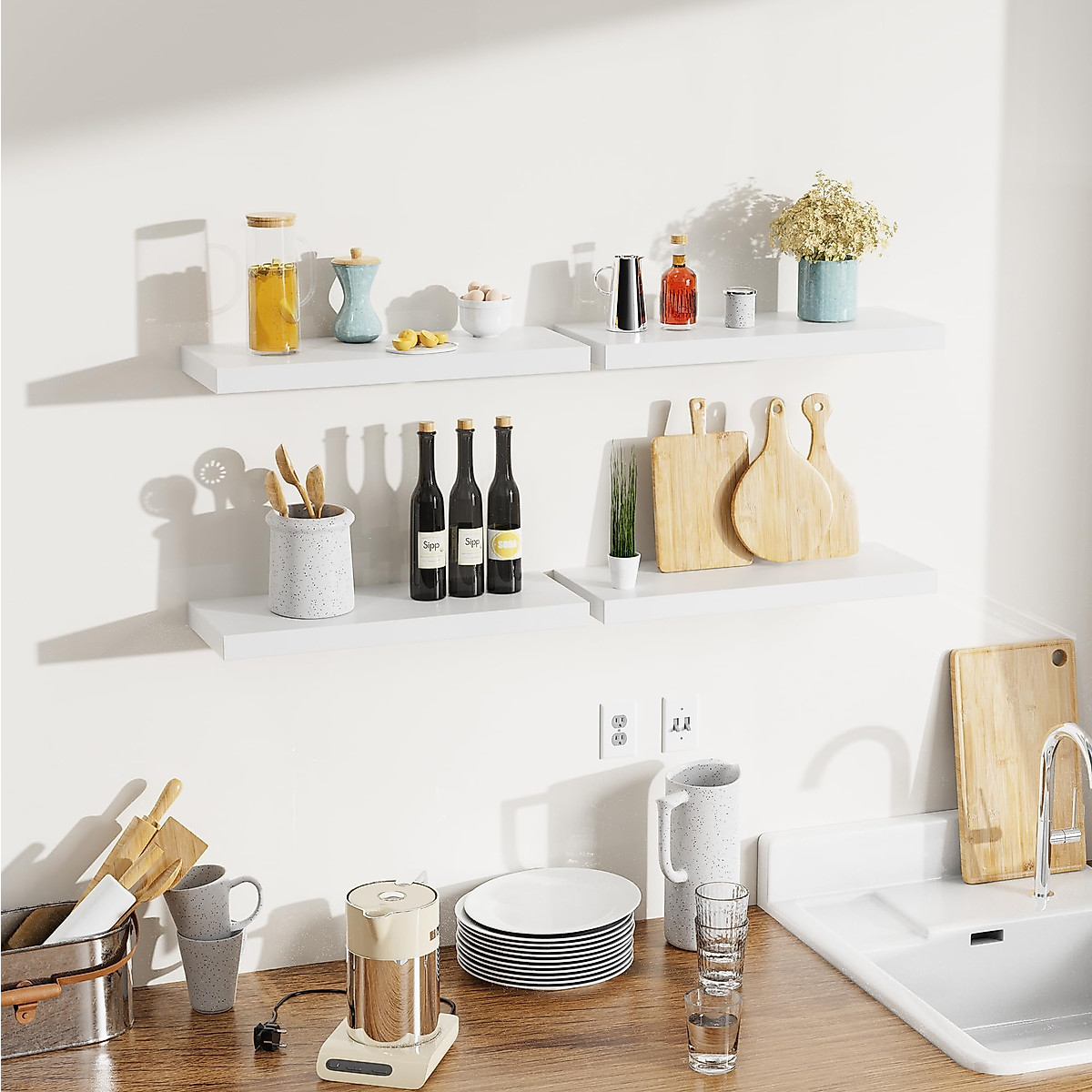 Bellsal Floating Shelves for Wall, White Engineered Wood Wall Shelf Set of 4, 16" Wall Mounted Floating Shelf for Kitchen, Living Room, Bedroom, Bathroom Storage, Book Shelf for Wall Home Decor