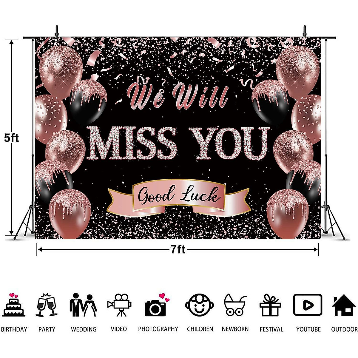 Retirement Farewell Party Backdrop We Will Miss You Rose Gold Glitter Balloon Photography Background Goodbye Going Away Retirement Bye Office Work Graduation Party Decoration 7x5FT