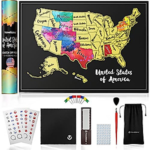 TRAVELISIMO Scratch Off Map of United States, 12x17 inches USA Scratch Off Travel Map with 25 Unique Accessories Set Included, Unique Gift for Travelers