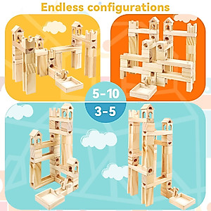 Wooden Marble Run for Kids Ages 4-8, 65 Pieces Wood Building Blocks Toys and Construction Play Set, Marble Track Maze Game STEM Learning Toys for Boys Girls (Natural Color Blocks)