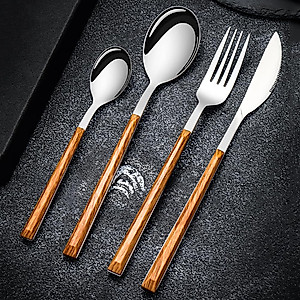 15-Pieces Silverware Set Wooden Handle Flatware Cutlery Set for 3 Forks And Spoons Utensil Sets Forks Silverware Home Essentials for New Home Ergonomic Durable Mirror Polished