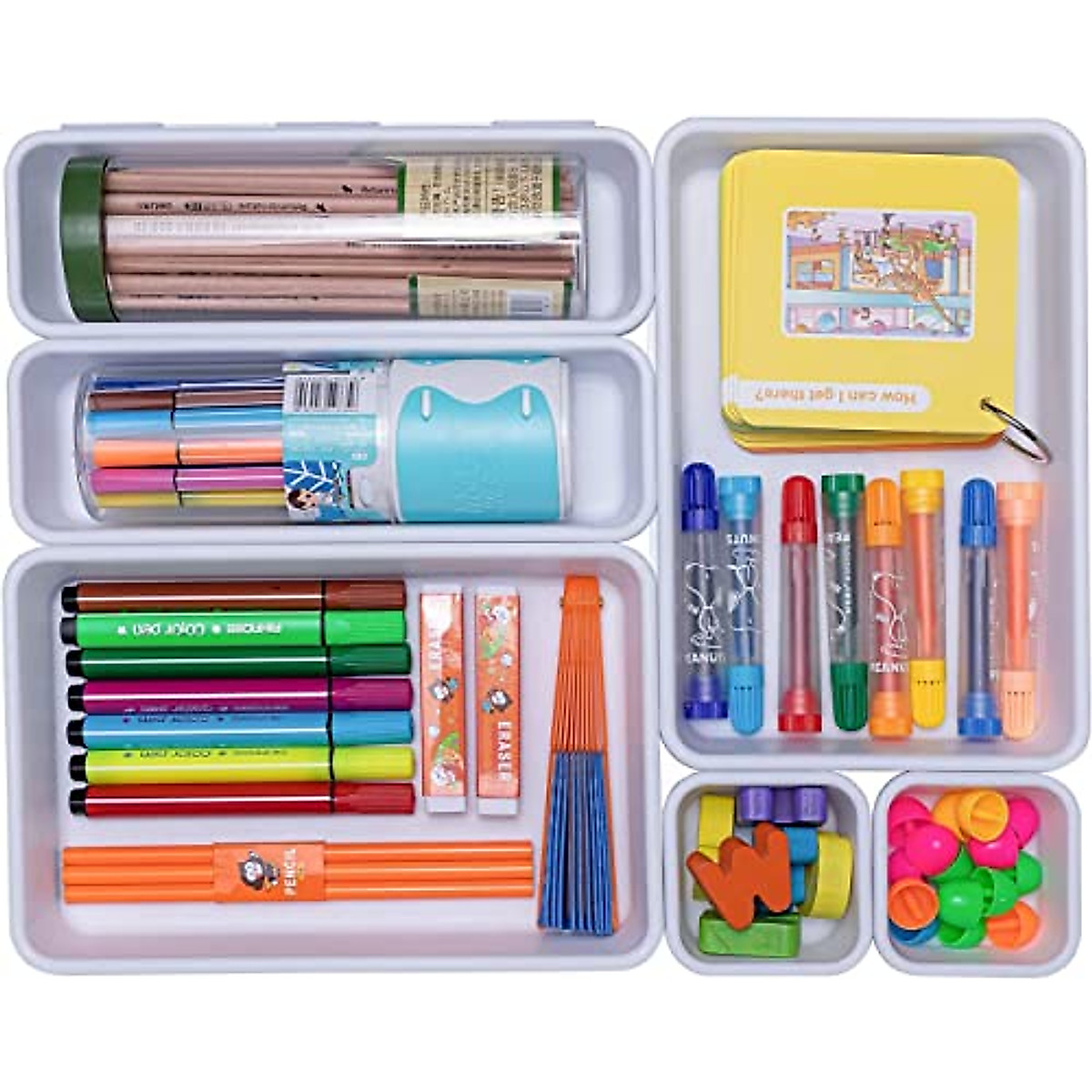 Desk Drawer Organizer Tray Set, 6 Pieces Plastic Interlocking Organizer Bins for Divider and Storage Office Storage Bins Container for Kitchen Bathroom Makeup Office Vanity Bedroom Dresser White