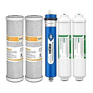 2x Carbon Filters, 1x 50GPD RO Membrane, and 2x T33 Inline Post Carbon Water Filter, Fits Under Sink RO Drinking Water Purifier Systems