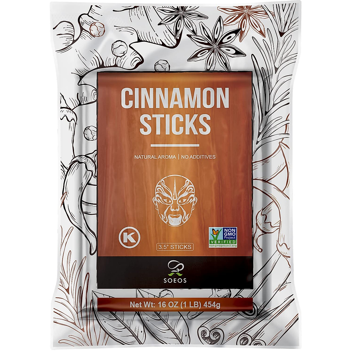 Soeos Cinnamon Sticks, 16 oz (Pack of 1), Cinnamon, Ground Cinnamon, Cinnamon Sticks, 100% Raw, Non-GMO, Kosher Certified, Cinnamon Seasoning Spice for Coffee, Baking, Cooking and Beverages