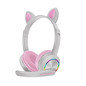 Wireless Gaming Headset with Cute Cat Ears, Comfortable Adjustable Headband Bluetooth 5.0 Headset with Mic, LED Light for Girls, Women (Pink)