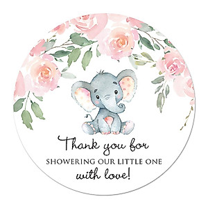 2" Round Elephant Baby Shower Thank You Favor Stickers (40 Labels) (Pink)