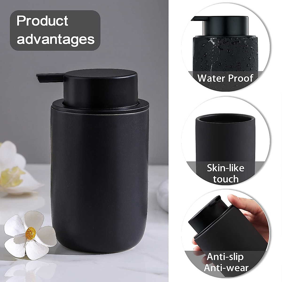 Foam Soap Dispenser Set - 2 Pack Black Ceramic Foaming Dish Hand Soap Dispenser with Black Pump for Bathroom, Bathroom Dispenser Set for Modern Home Farmhouse Decor