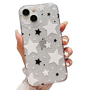 HYUEKOKO Compatible with iPhone 13 Case Bling Glitter White Black Stars Case for Women Girls, Slim Hard Back Clear Phone Case Cover for iPhone 13 6.1''