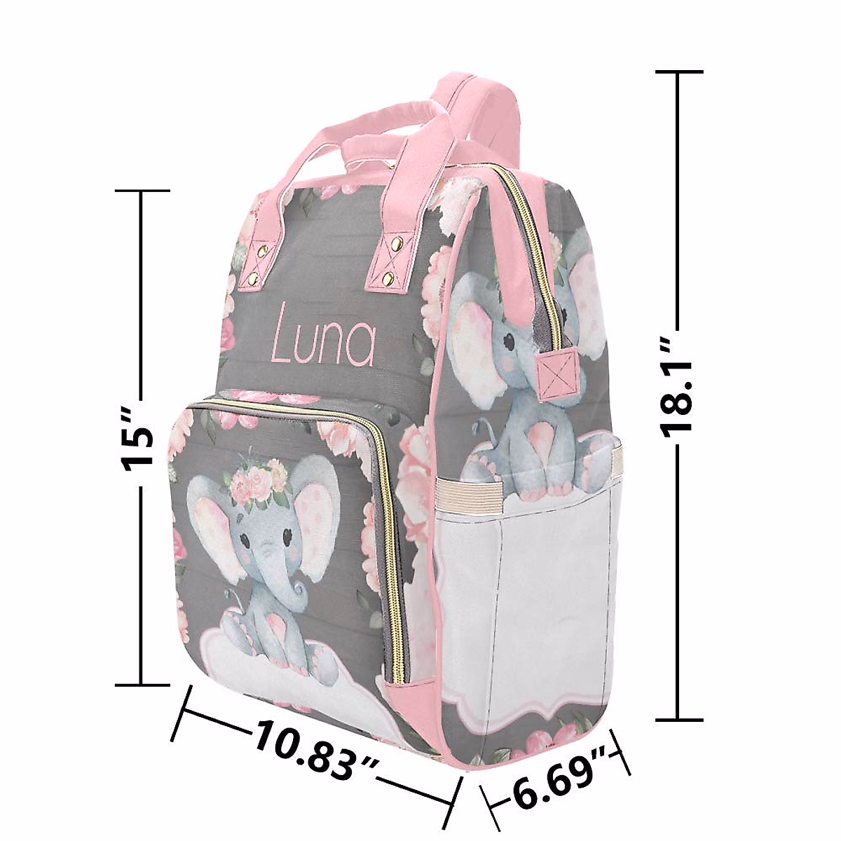 CUXWEOT Personalized Pink Rustic Elephant Diaper Bag Backpack Name Custom Mommy Baby Bags Travel Daypack for Mom Gifts