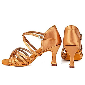 DKZSYIM Women's Satin Latin Dance Shoes Professional Ballroom Salsa Practice Performance Dancing Shoes,213-ZS-Brown-7.5,US 9.5