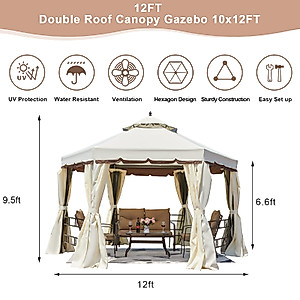 Outdoor Pop up Canopy Tent Gazebo,10x12 Double Roof Outdoor Pergola Tent Steel Frame gazebo curtains outdoor waterproof with Curtains and Mosquito Netting for Patio Garden Backyard Lawn Deck Yard