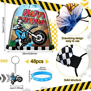 Talltalk 48 Pcs Dirt Bike Party Favors for Boy Motocross Birthday Decorations 16 Motorcycle Party Drawstring Bag Racing Candy Goodie Snacks Gift Bag 16 Wristband 16 Keychain for Baby Shower Birthday