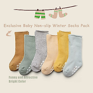 Toddler Non Slip Socks Baby Boys Winter Warm Socks with Grips for Baby Girls Thicken Terry Socks 6 Pack Age 2-4