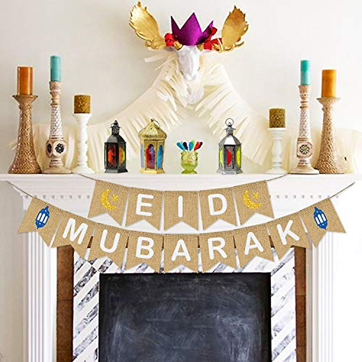Eid Mubarak Banner Burlap - Eid Mubarak Decoration - Eid Mubarak Party Supplies - Rustic Eid Mubarak Banner Bunting for Mantle Fireplace - Eid Mubarak Outdoor Indoor Hanging Decor