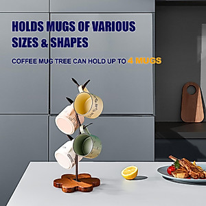 YarkeeSky Mug Holder, Countertop Mug Tree, Leaf Shaped Coffee Mug Tree with Wooden Base, 4 Hooks Coffee Cup Holder for Counter, Coffee Counter Bar Accessory & Kitchen Organizer, Brown