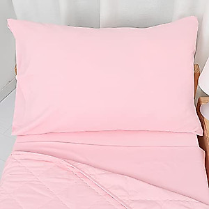 TILLYOU 5-Piece Solid Toddler Bedding Set for Boys or Girls, Bed-in-a-Bag Microfiber Comforter Set, Includes 1 Top Flat Sheet, 1 Mattress Sheets, 1 Padded Quilt and 2 Envelope Pillowcases, Pink