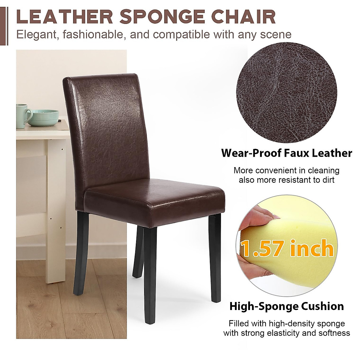 FDW Dining Chairs Set of 4, Dining Room Chairs Kitchen Chairs,Side PU Cushion Chairs with Waterproof Surface and Wood Legs,for Kitchen Restaurant and Living Room,Leather Brown