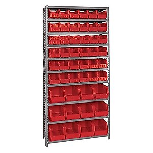 Quantum Storage Systems QSBU-230240RD Giant Open Hopper Steel Shelving System, 12" D x 36" W x 75" H, with 10 Shelves and 36 QUS230 and 12 QUS240 Bins, Red