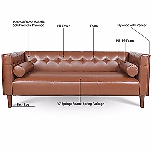 wirrytor Mid-Century Faux Leather 3 Seater Sofa, Modern Upholstered Tufted Leather Sofa Couch Furniture with 2 Bolster Pillows for Living Room Bedroom Office Apartment, Brown
