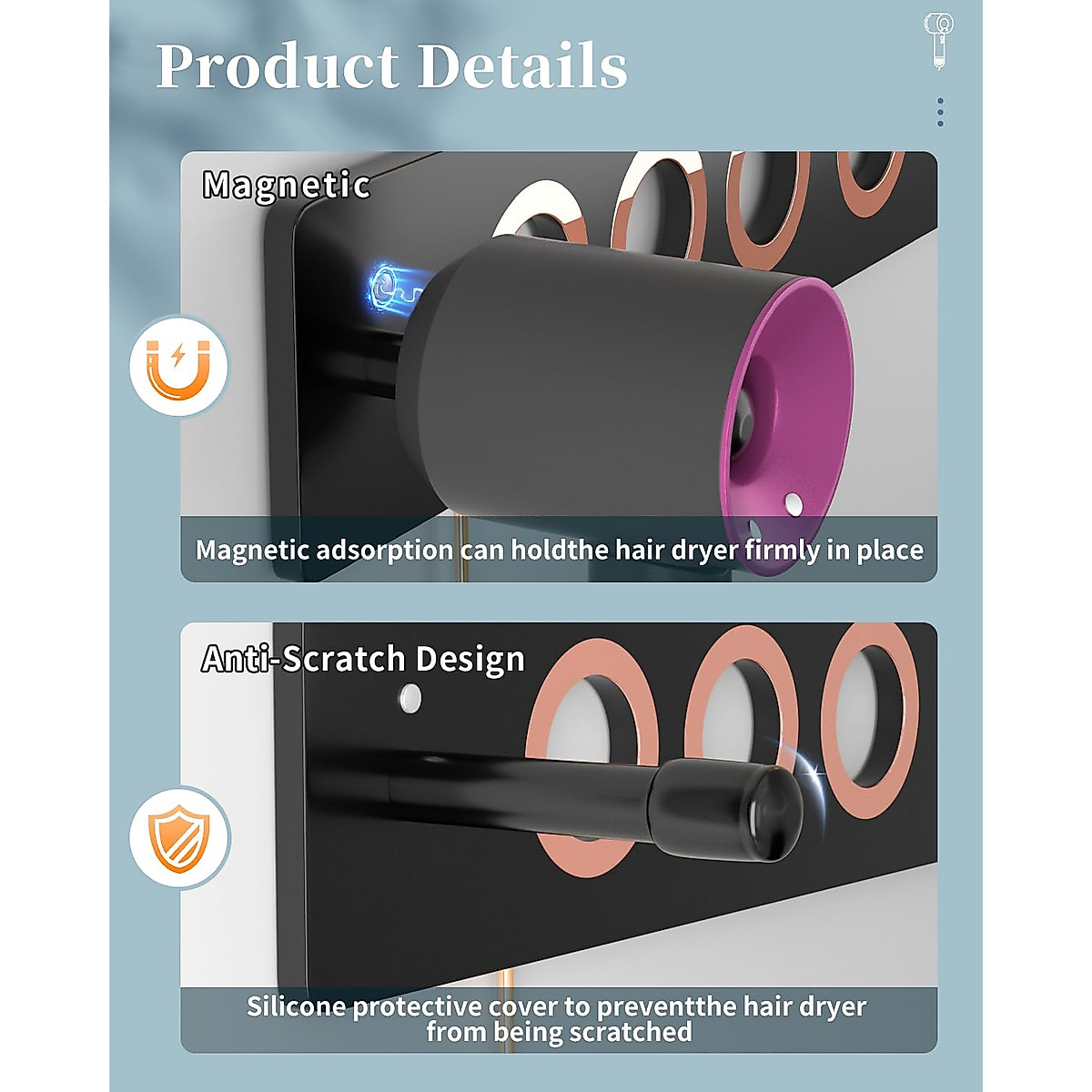 Magnetic Wall Mount Hair Dryer Holder for Dyson Supersonic with 5 Magnetic Rings for The Attachments, Premium Blow Dryer Holder Wall Mounted, Ultimate Convenience (Model A - Black)