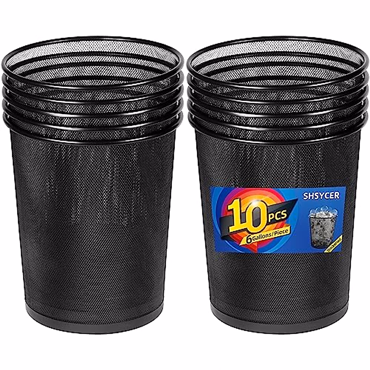 SHSYCER Black Mesh Trash Cans, 10-Pack 6 Gal Mesh Office Trash Can, Open Metal Wire Wastebaskets, Waste Basket Trash Can for Near Desk,Recycling Garbage Container Bin for Office, Home,School