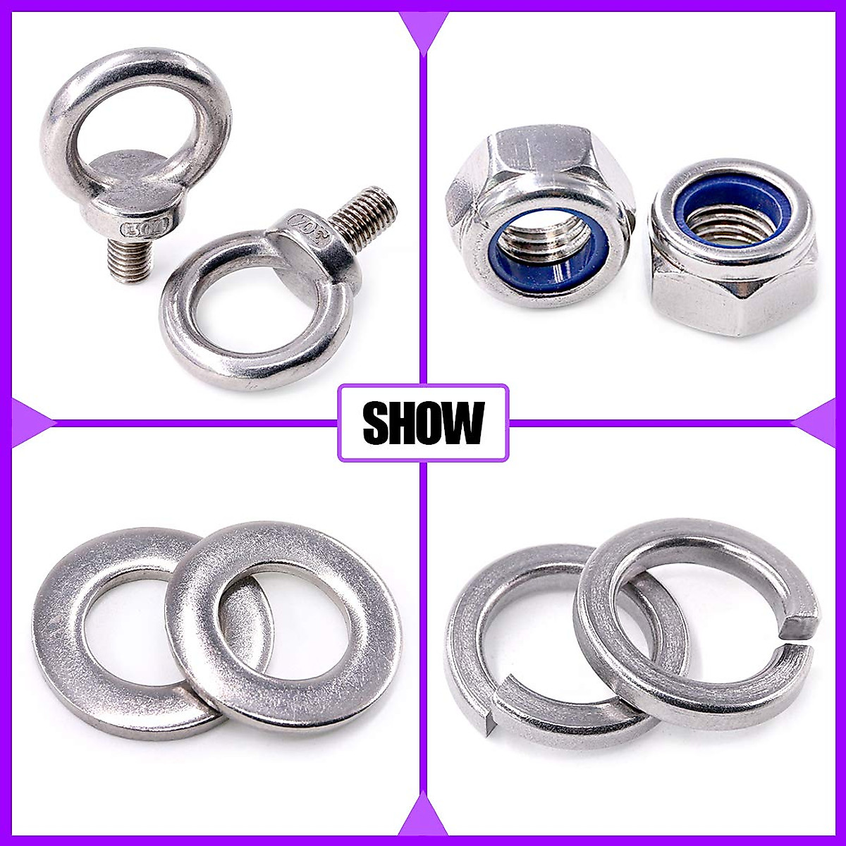 36Pcs 304 Stainless Steel M6 Male Thread Lifting Ring Eye Bolt Kit, Including 6Pcs M6 Eye Bolt with 10Pcs Lock Nuts, 10Pcs Lock Washers and 10Pcs Flat Washers