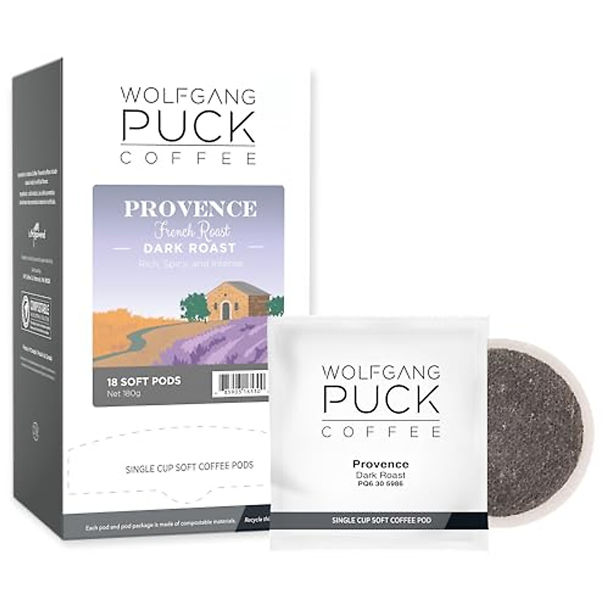 Wolfgang Puck Coffee, Provence French Roast Gram Coffee, 9.5 Gram Pods, 18 Count