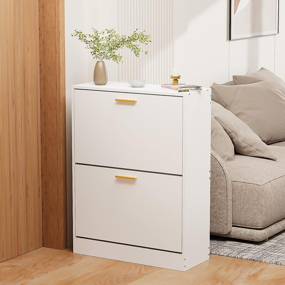 JOZZBY Shoe Cabinet Storage for Entryway, Slim White Hidden Shoe Organizer Cabinet with 2 Flip Drawers, Wooden Narrow Shoe Rack with 2 Tier Freestanding for Hallway, Living Room