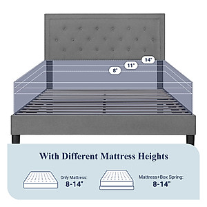 Allewie Queen Size Bed Frame Upholstered Platform Bed with Adjustable Headboard, Button Tufted, Wood Slat Support, Easy Assembly, Light Grey
