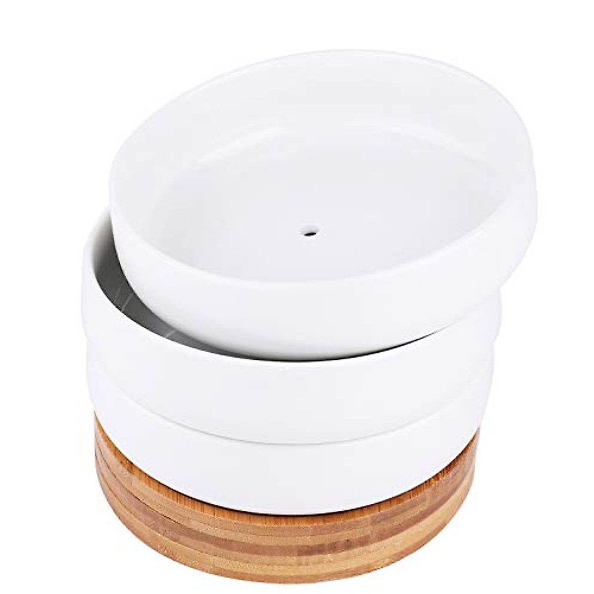 Lawei 3 Pack 6 inch Round Succulent Cactus Planter Pots with Drainage Bamboo Tray - Garden Ceramic Flower Planter Pot