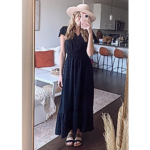 PRETTYGARDEN Womens Boho Short Sleeve V Neck Ruffle Tiered Maxi Dress Swiss Dot Smocked Dress Beach Long Dress (Large, Black)