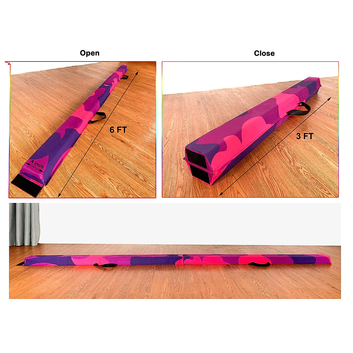 Marfula 6 FT / 8 FT / 9 FT Folding Gymnastics Beam Foam Balance Floor Beam - Extra Firm - Suede Cover - Anti Slip Bottom with Carry Bag For Kids/Adults Home Use (Pink Purple-Camo, 6 FT)